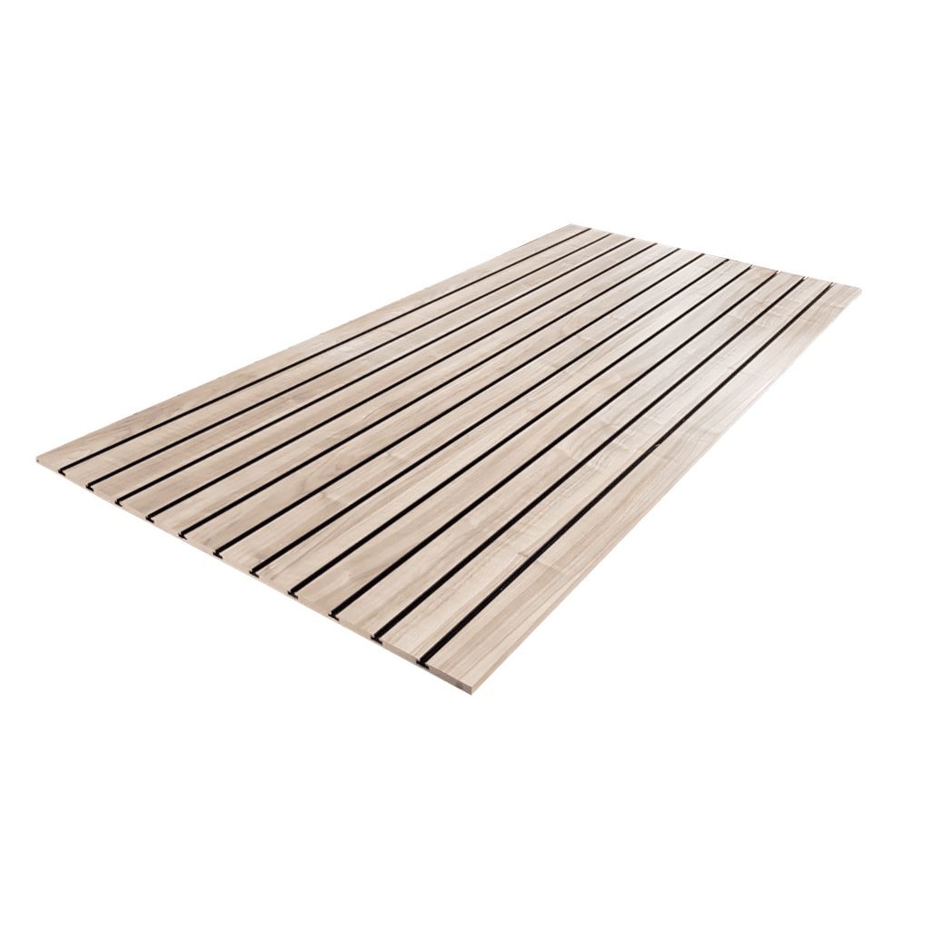 Walnut landscape slatwall with black extrusions - Dinya Shopfittings